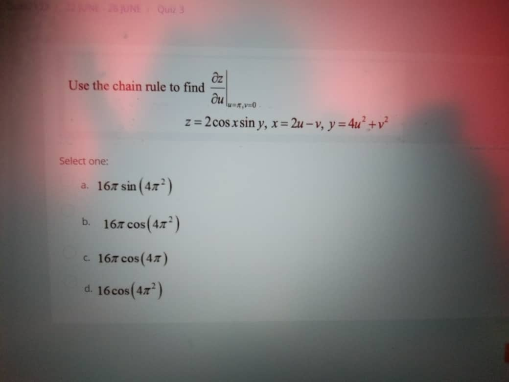 Solved Use the chain rule to find Ôz ди lu,v=0 z = 2 cos | Chegg.com