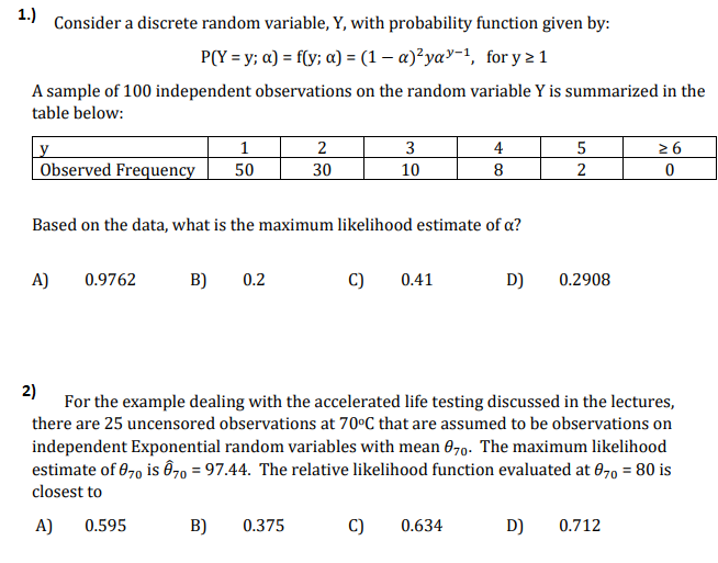 Solved 1.) Consider a discrete random variable, Y, with | Chegg.com