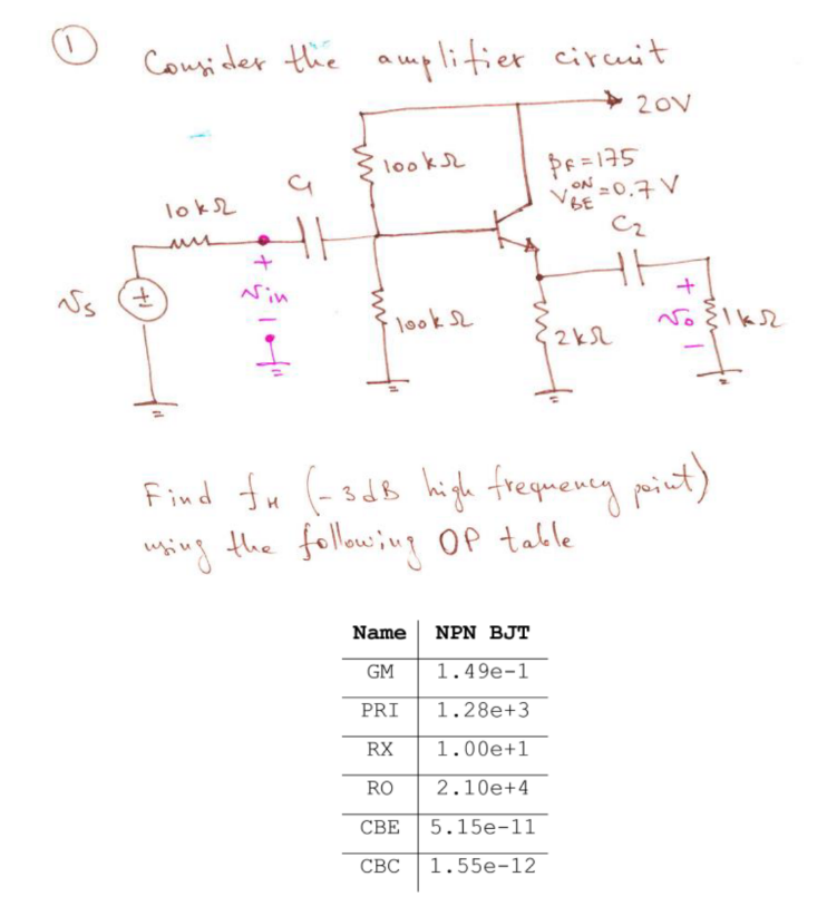 Solved Consider the amplifier circuit. Find fh (-3dB high | Chegg.com