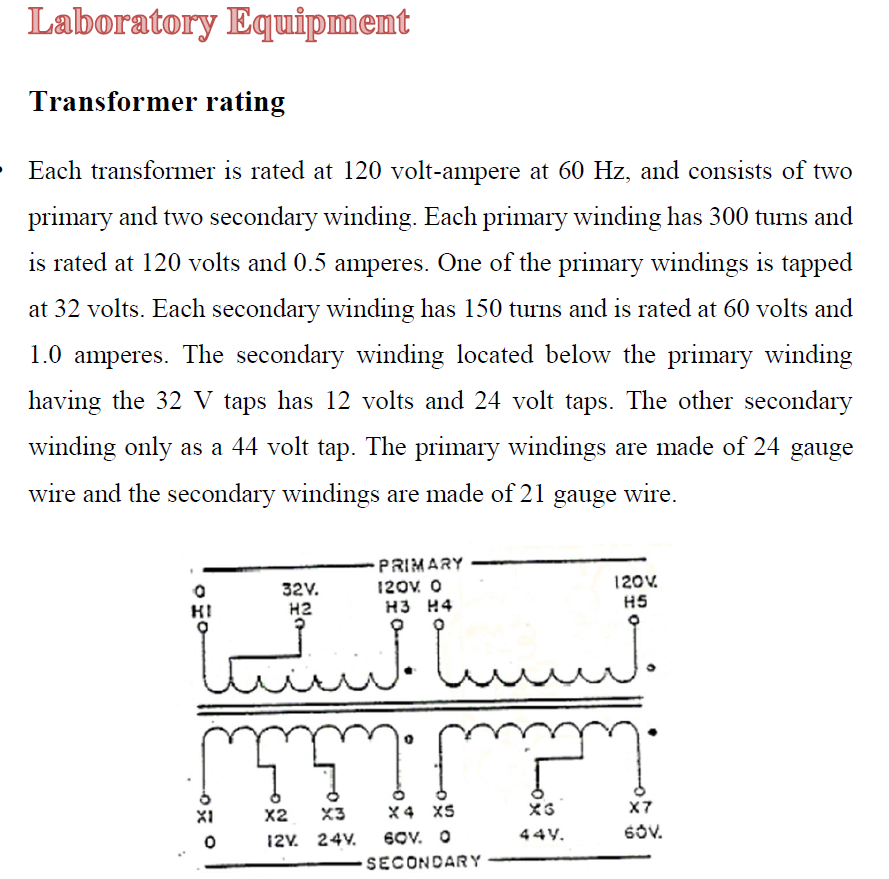 Solved Laboratory Equipment Transformer rating Each | Chegg.com