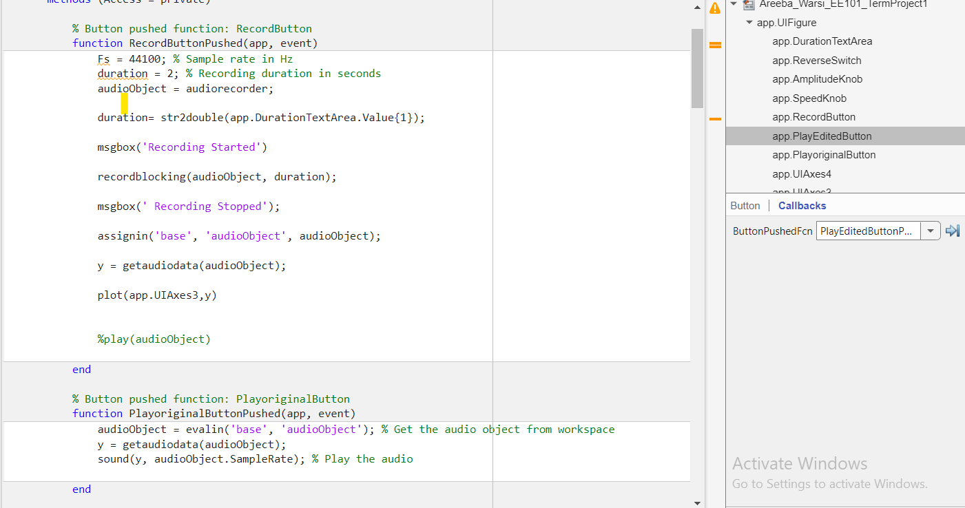 Solved MATLAB App Original Record Duration Play (original) | Chegg.com