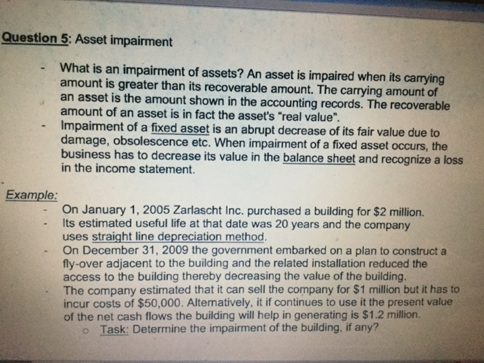 Solved Question 5: Asset impairment What is an impairment of | Chegg.com