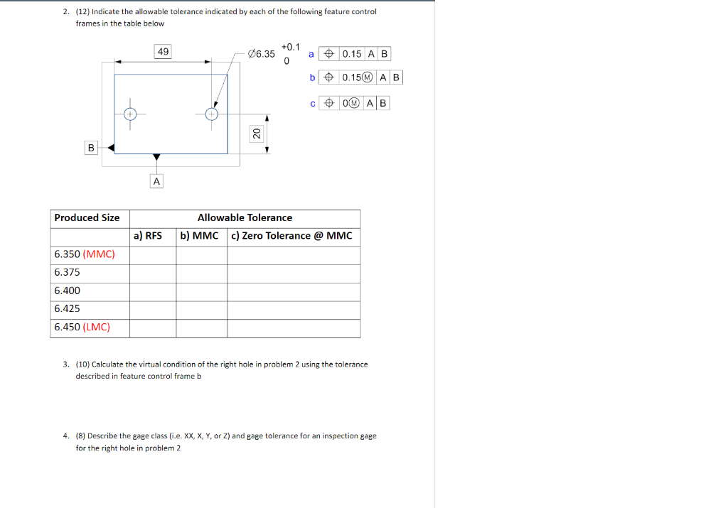 Solved 2. (12) Indicate the allowable tolerance indicated by | Chegg.com