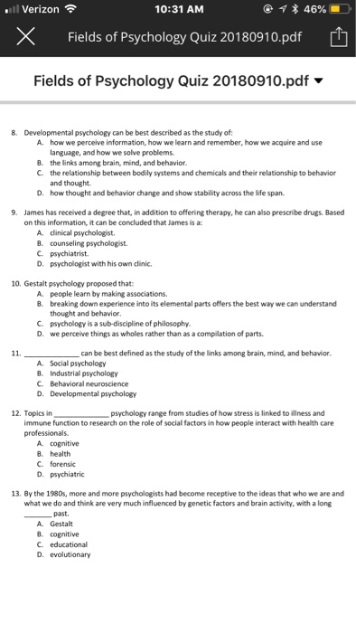 Solved .11 Verizon 10:31 AM Fields of Psychology Quiz | Chegg.com