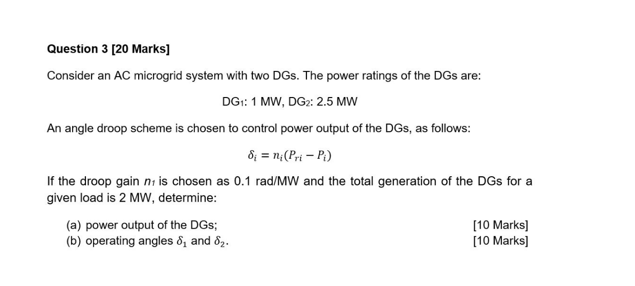 Solved Question 3 [20 Marks] Consider an AC microgrid system | Chegg.com