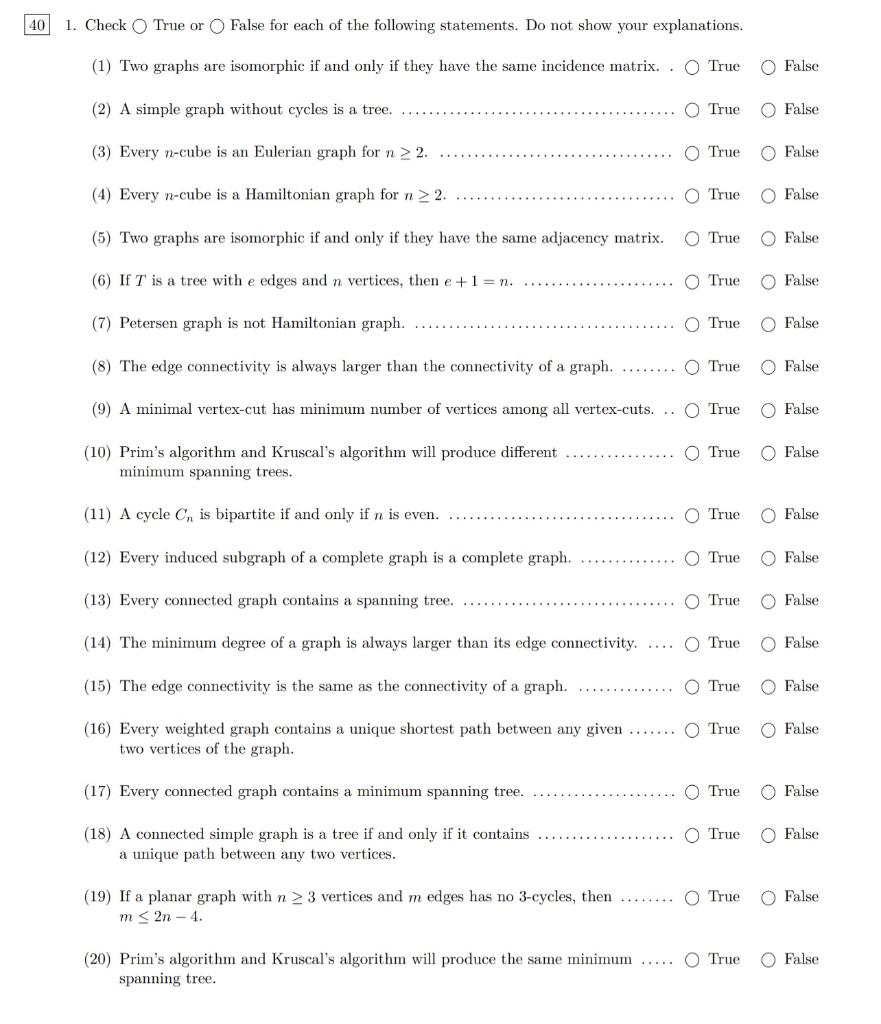 1. Check True or False for each of the following | Chegg.com