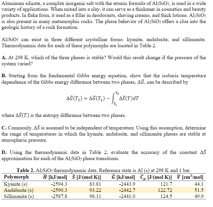 Aluminum silicate, a complex inorganic salt with the | Chegg.com