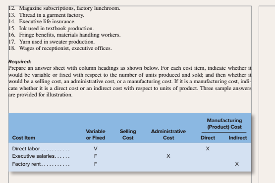 Solved PROBLEM 1-23 Cost Classification LO1-1, LO1-3, LO1-4 | Chegg.com