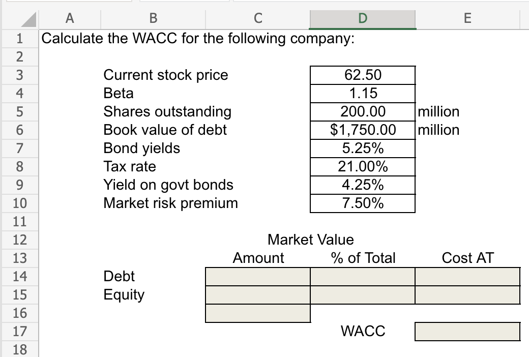 Solved Calculate the WACC for the following company: Market | Chegg.com