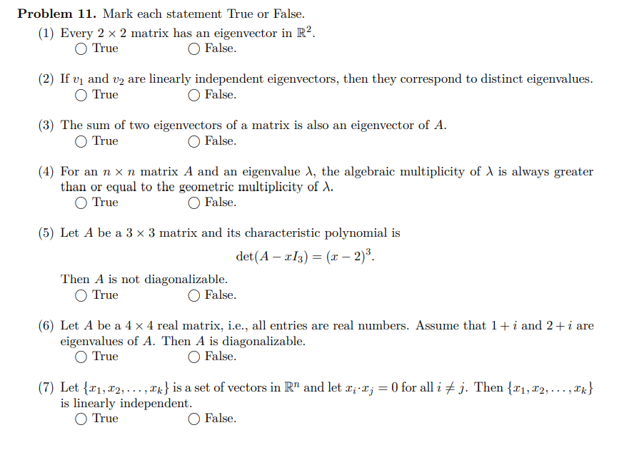 Solved Problem 11. Mark each statement True or False. (1) | Chegg.com