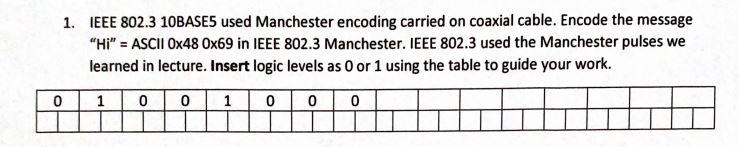 Solved 1. IEEE 802.3 10BASE5 used Manchester encoding | Chegg.com