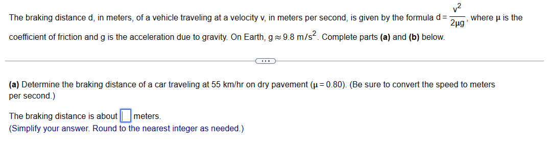 Solved The braking distance d, in meters, of a vehicle | Chegg.com