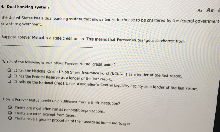 Solved Aa Aa 4. Dual banking system The United States has a | Chegg.com