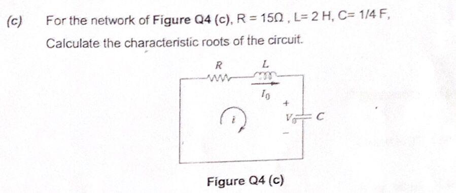 Solved c) For the network of Figure Q4 (c), R=15Ω,L=2H,C=1/4 | Chegg.com