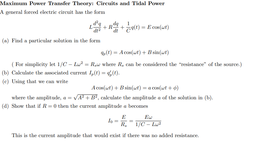 Solved Maximum Power Transfer Theory: Circuits and Tidal | Chegg.com