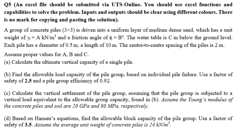Q5 (An excel file should be submitted via UTS-Online. | Chegg.com