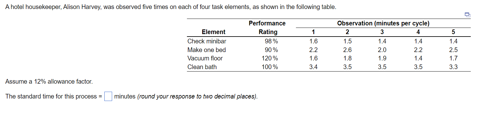Solved Assume a 12% allowance factor. The standard time for | Chegg.com