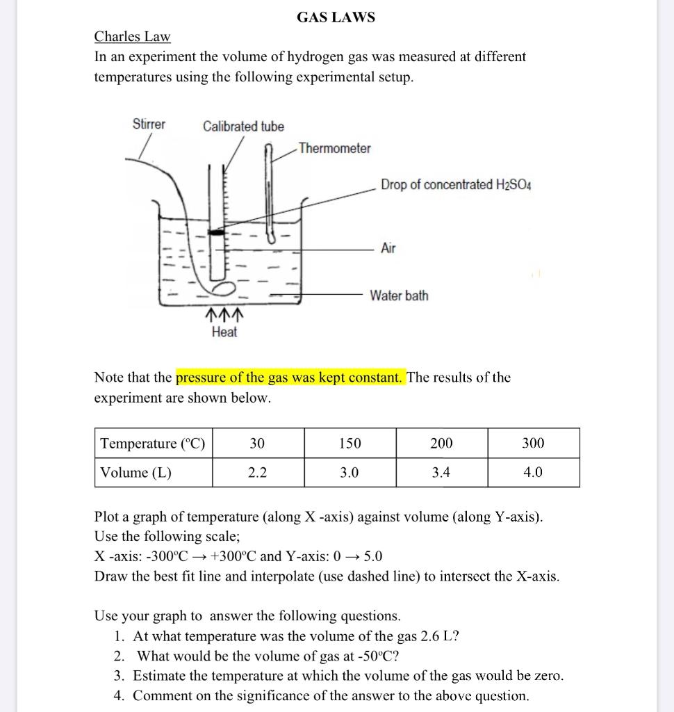 Solved GAS LAWS Charles Law In an experiment the volume of | Chegg.com