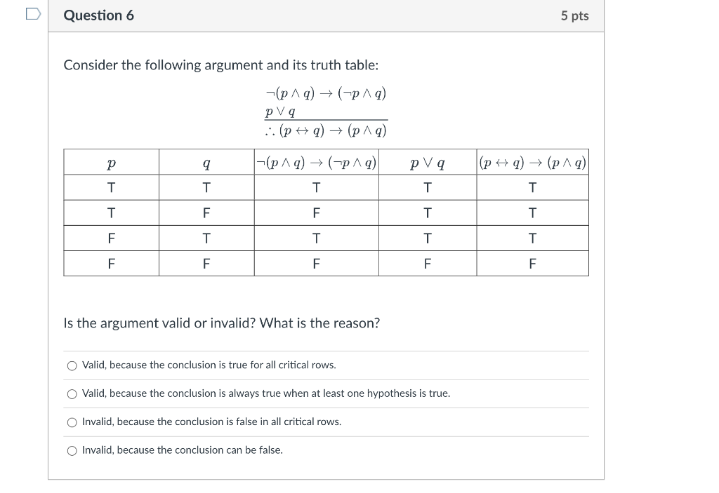 Solved Consider the following argument and its truth table: | Chegg.com