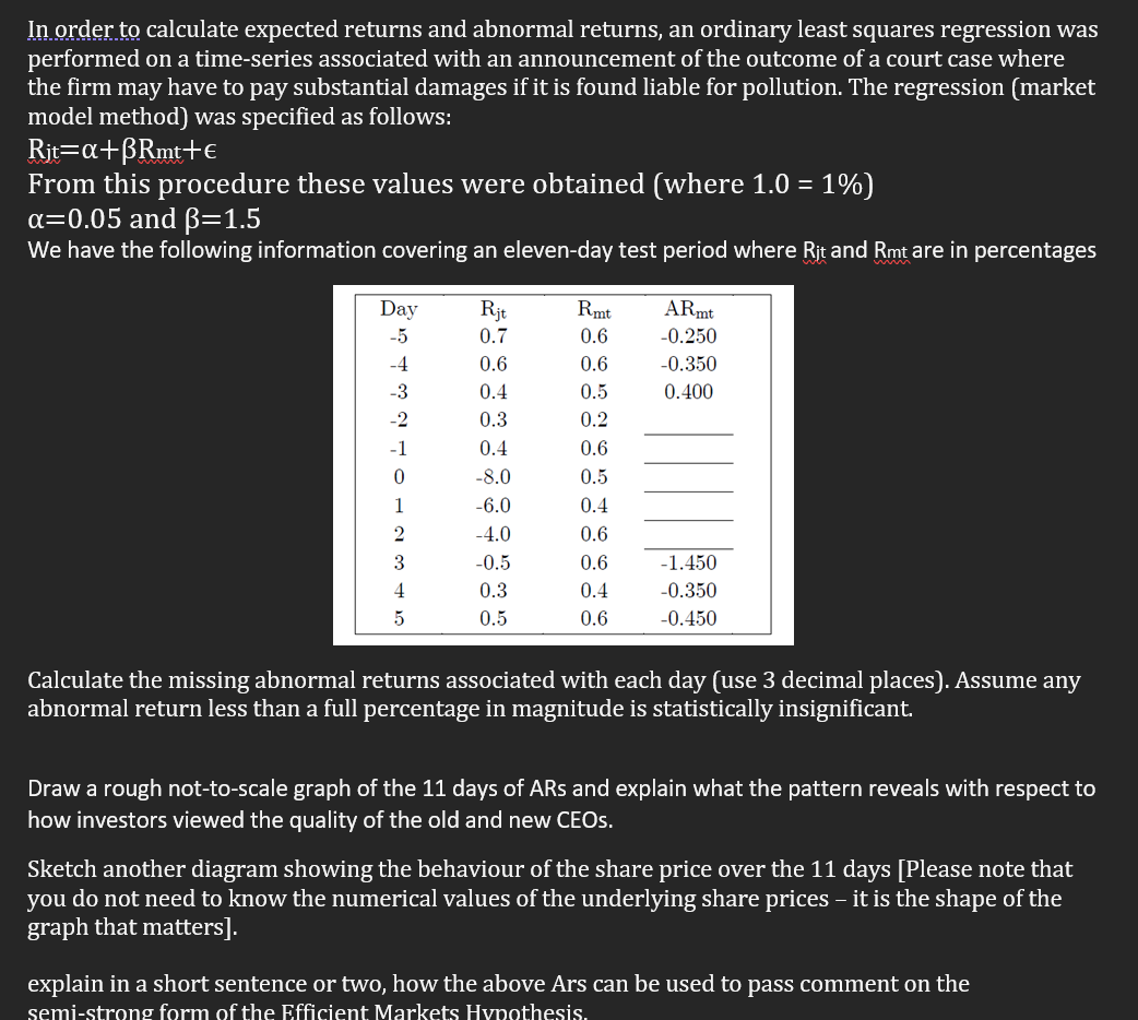 In order to calculate expected returns and abnormal | Chegg.com