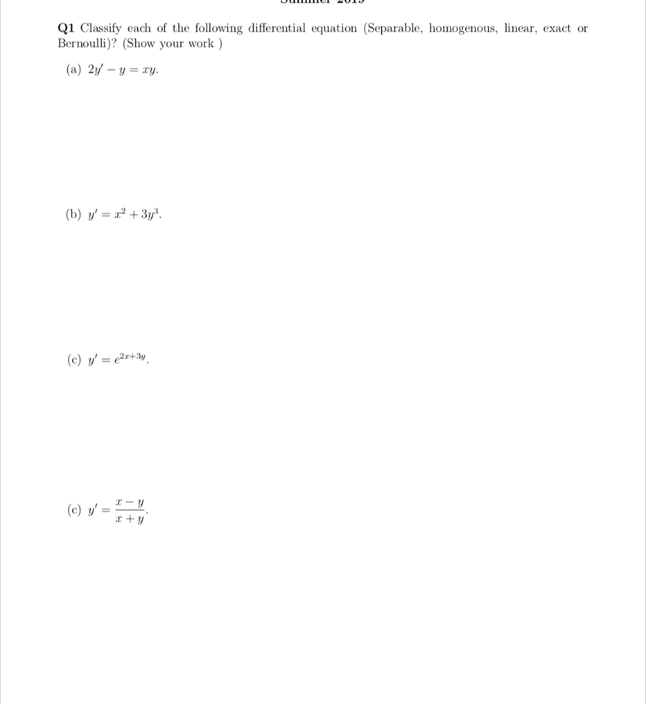 Solved Q1 Classify each of the following differential | Chegg.com