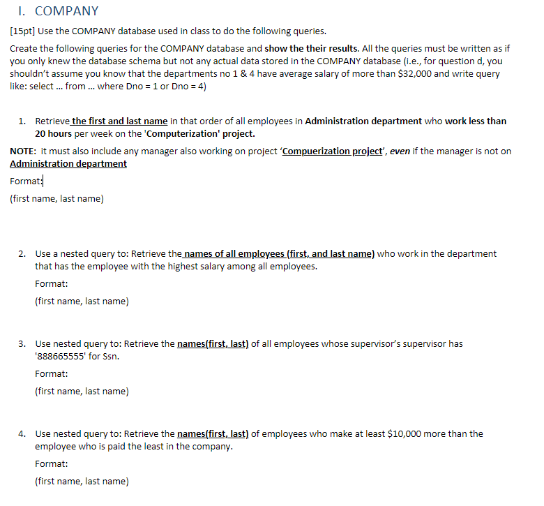 Solved Create the following queries for the COMPANY database | Chegg.com