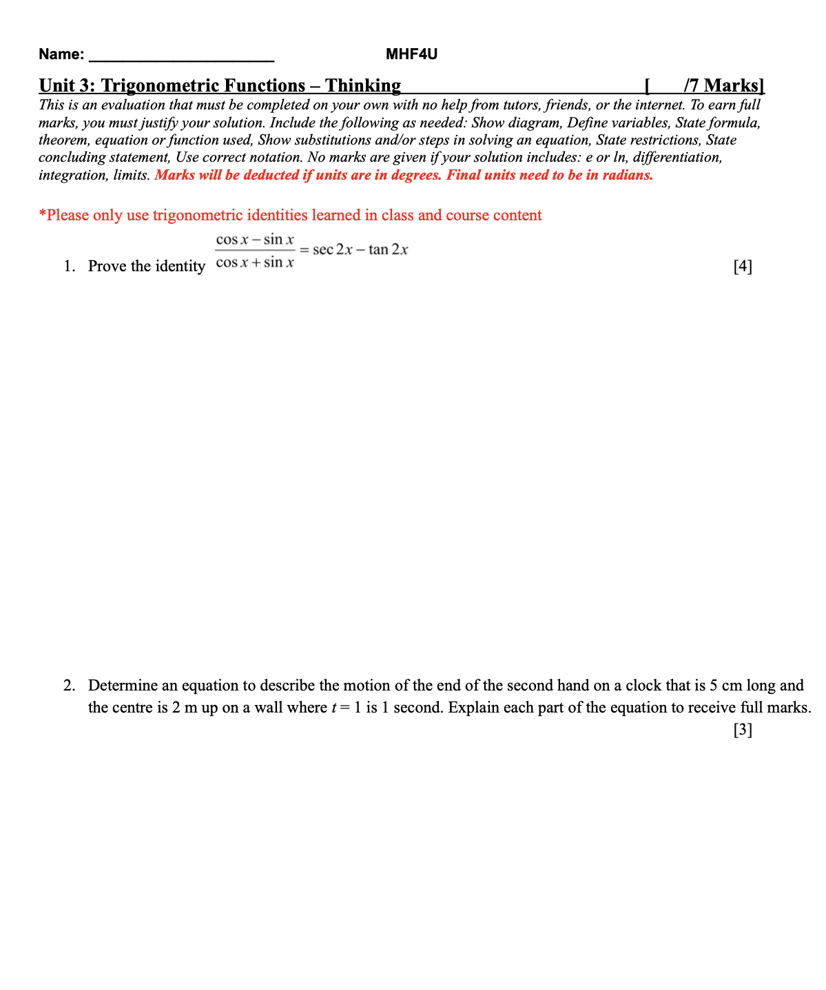 Solved Unit 3 Trigonometric Functions Thinking 7 Marks 