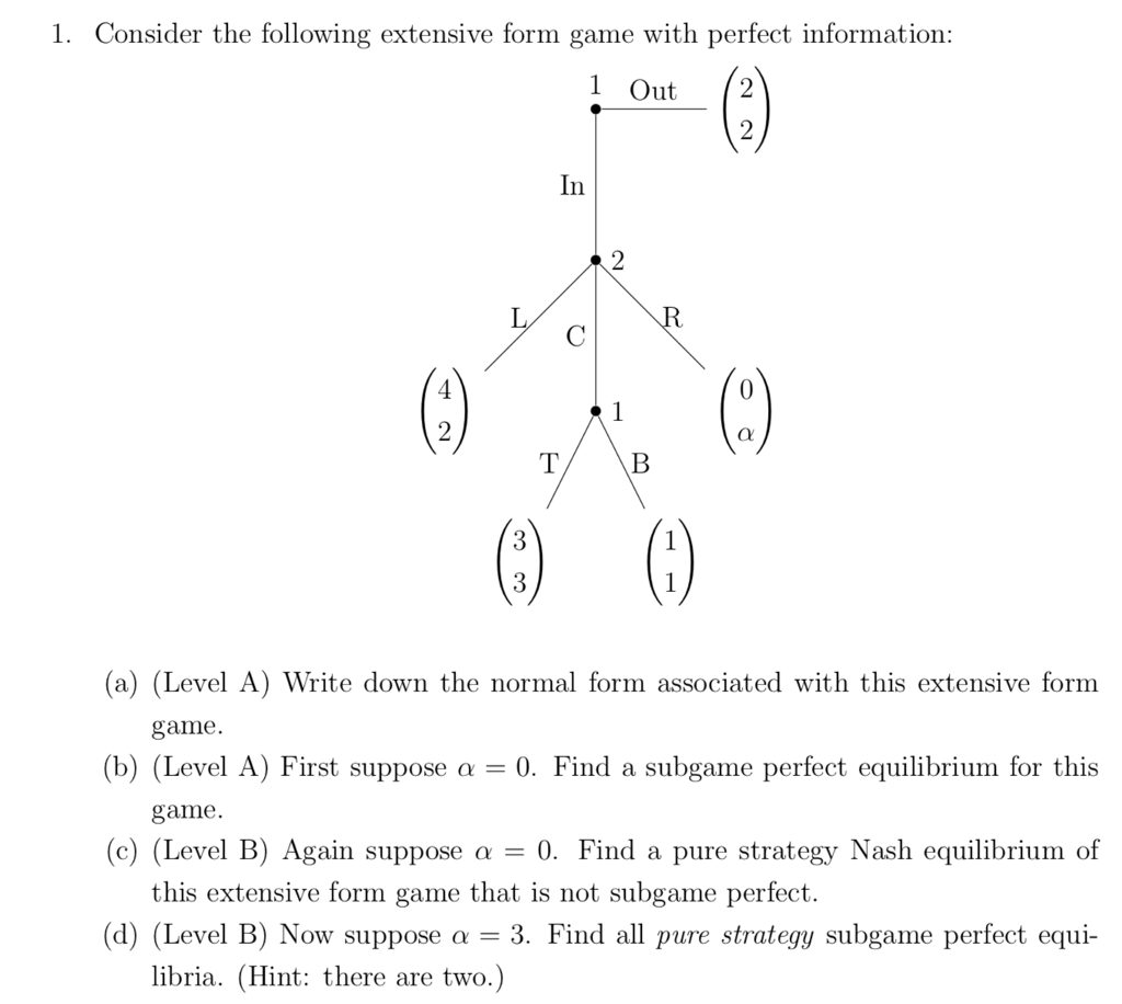 Solved 1. Consider the following extensive form game with | Chegg.com