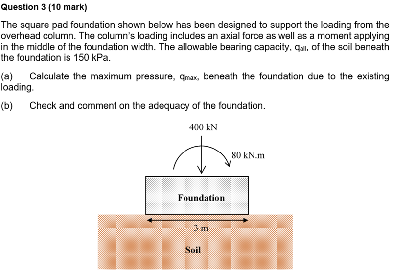 Question 3 (10 ﻿mark)The square pad foundation shown | Chegg.com