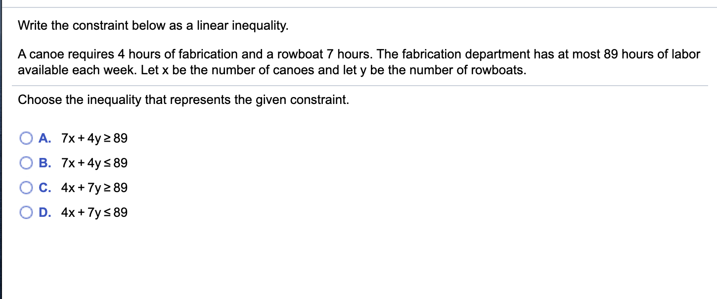 Solved Write the constraint below as a linear inequality. A | Chegg.com