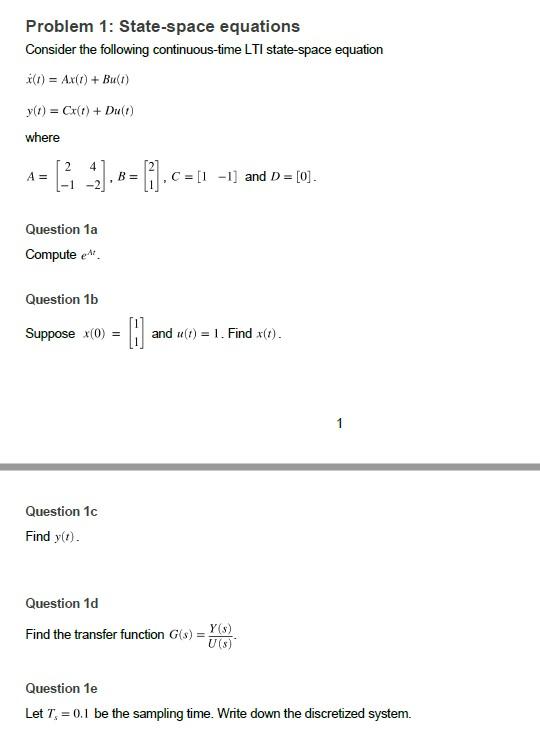 Solved Problem 1 State Space Equations Consider The