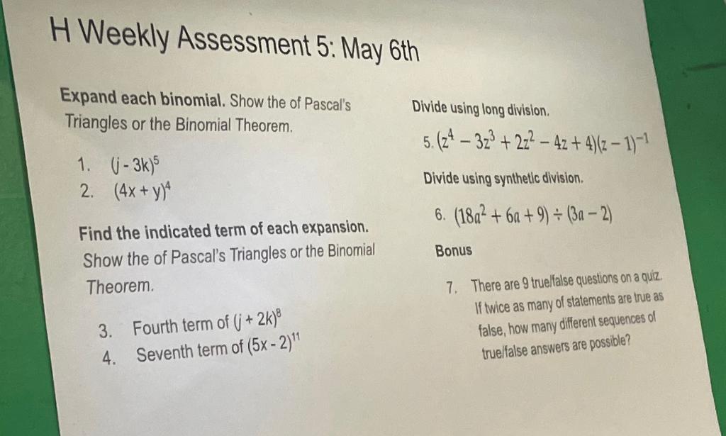 Solved H Weekly Assessment 5: May 6th Expand each binomial. | Chegg.com