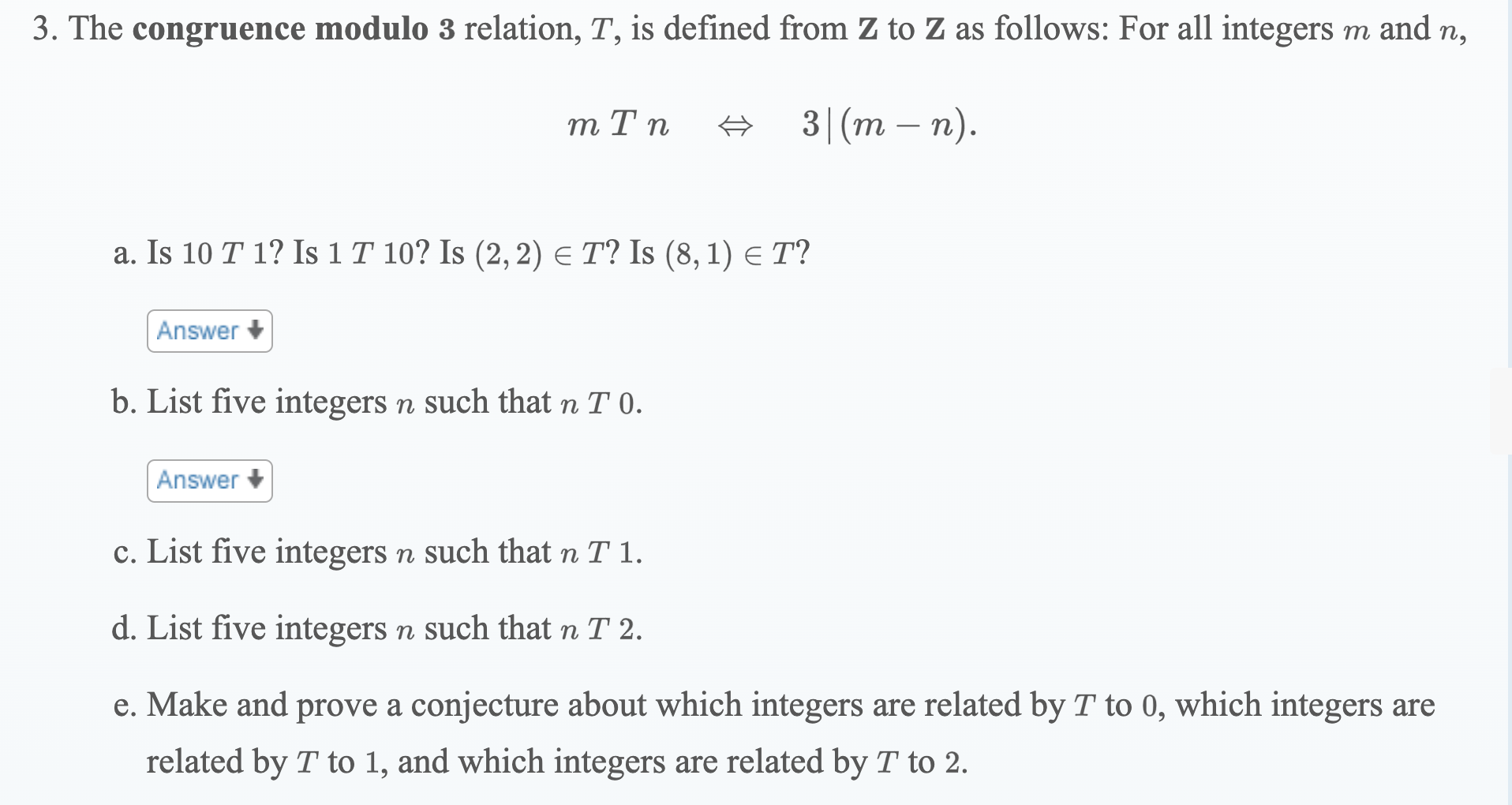 Solved 3. The congruence modulo 3 relation, T, is defined | Chegg.com