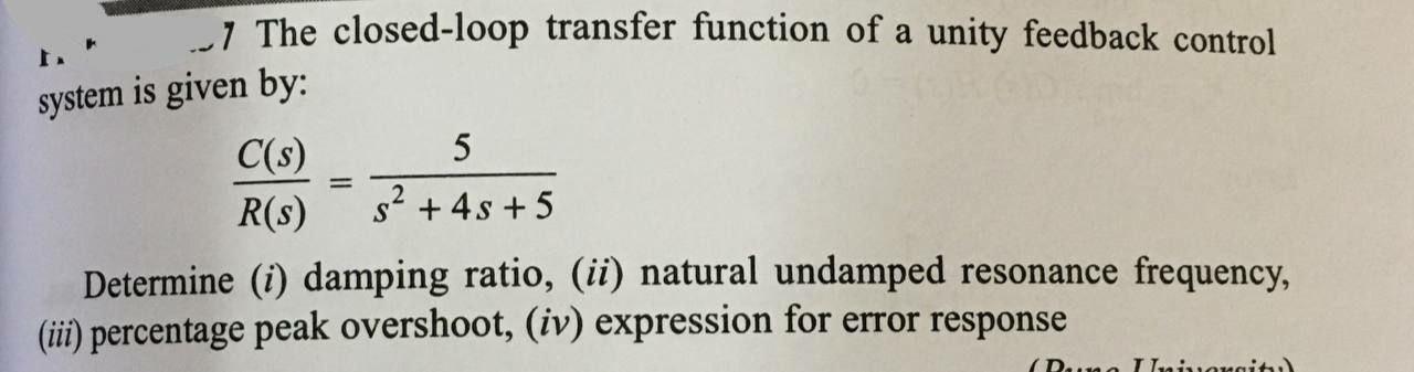 Solved 1 The closed-loop transfer function of a unity | Chegg.com