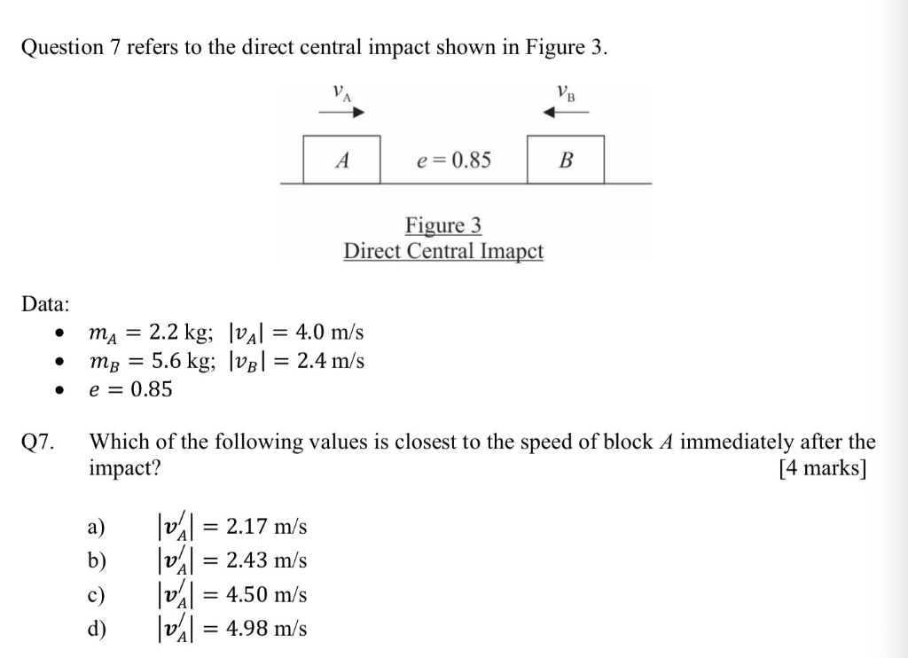 Solved Question 7 refers to the direct central impact shown | Chegg.com