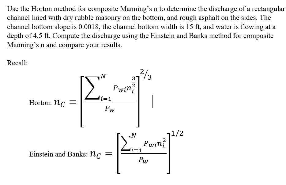 Solved Use the Horton method for composite Manning's n to | Chegg.com