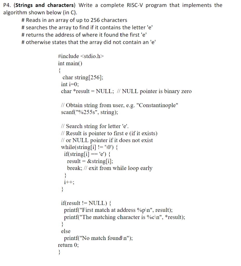 Solved P4. (Strings and characters) Write a complete RISC-V | Chegg.com