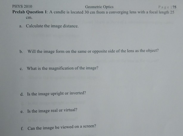 Solved PHYS 2010 Geometric Optics Page 75 Prelab Question 1: | Chegg.com