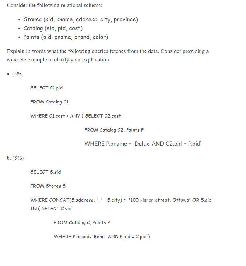 Solved Consider the following relational schema: • Stores | Chegg.com