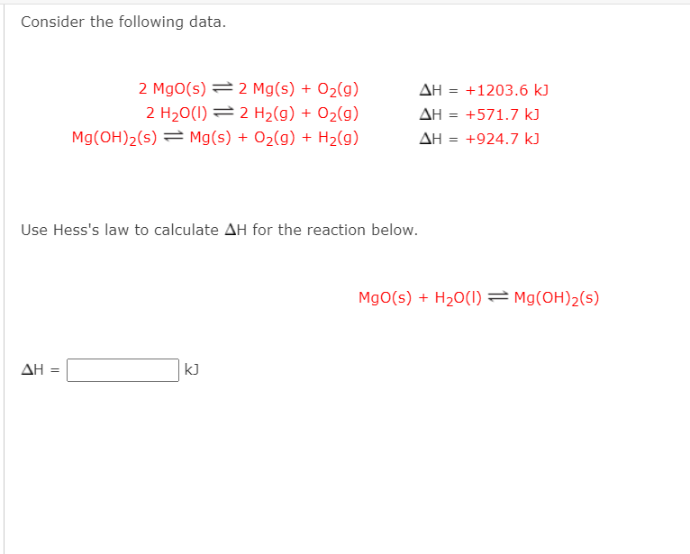 Solved Consider the following data. 2 Mgo(s) = 2 Mg(s) + | Chegg.com
