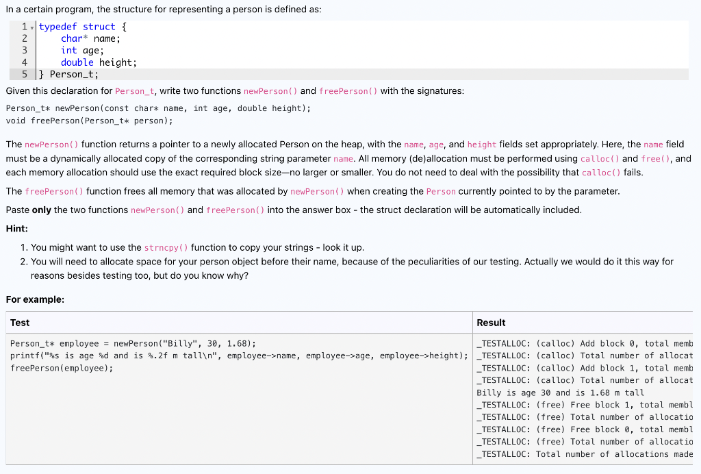 Solved Given this declaration for Person_t, write two | Chegg.com