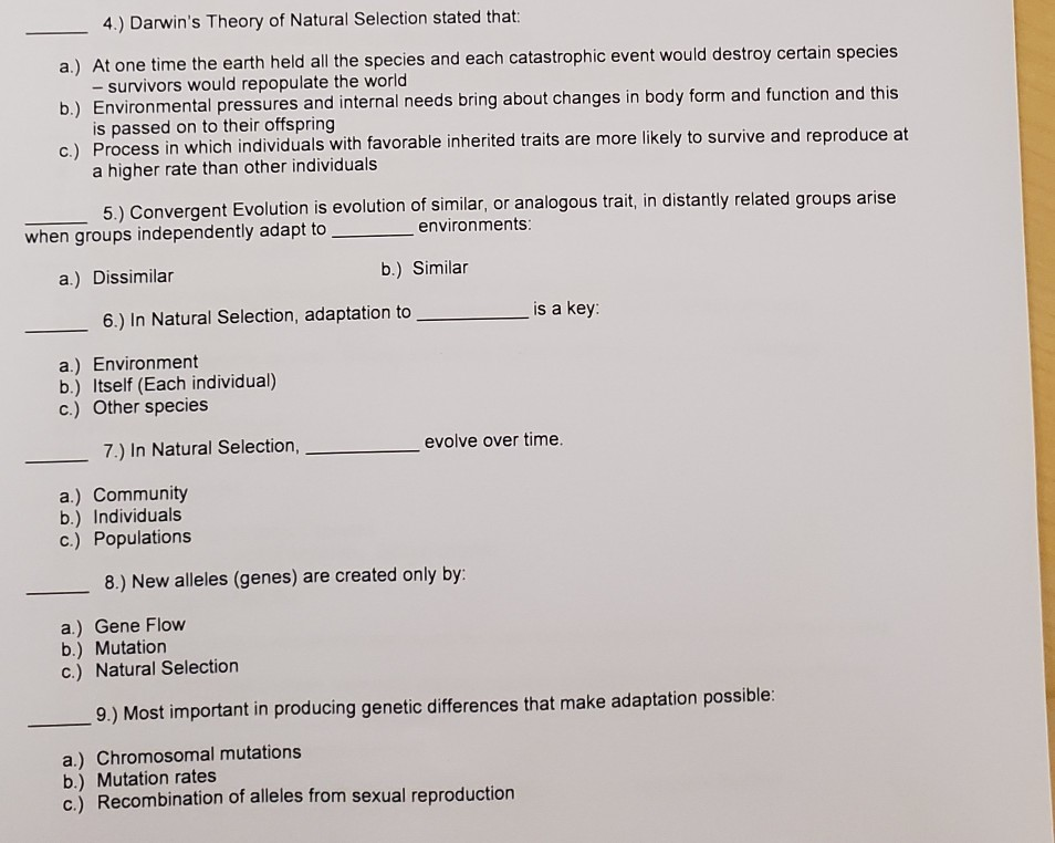 Solved 4.) Darwin's Theory of Natural Selection stated that: | Chegg.com