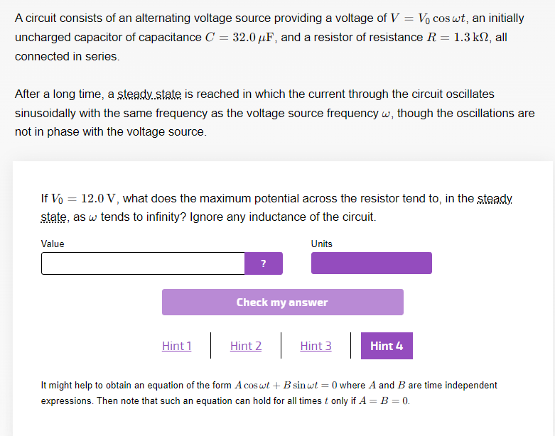 Solved A circuit consists of an alternating voltage source | Chegg.com