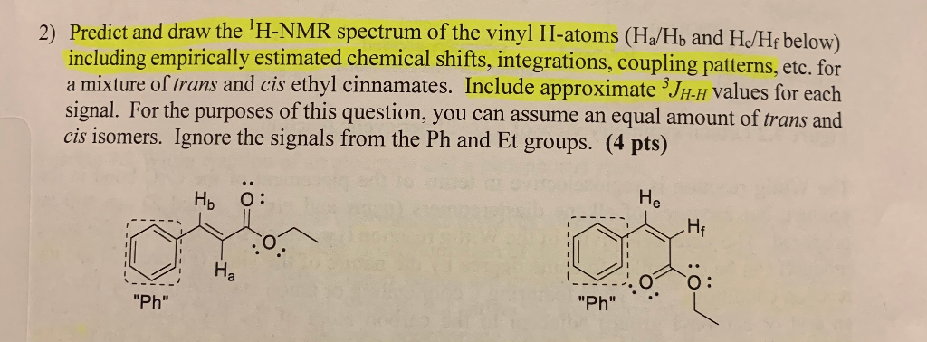 Solved 2) Predict and draw the 'H-NMR spectrum of the vinyl | Chegg.com
