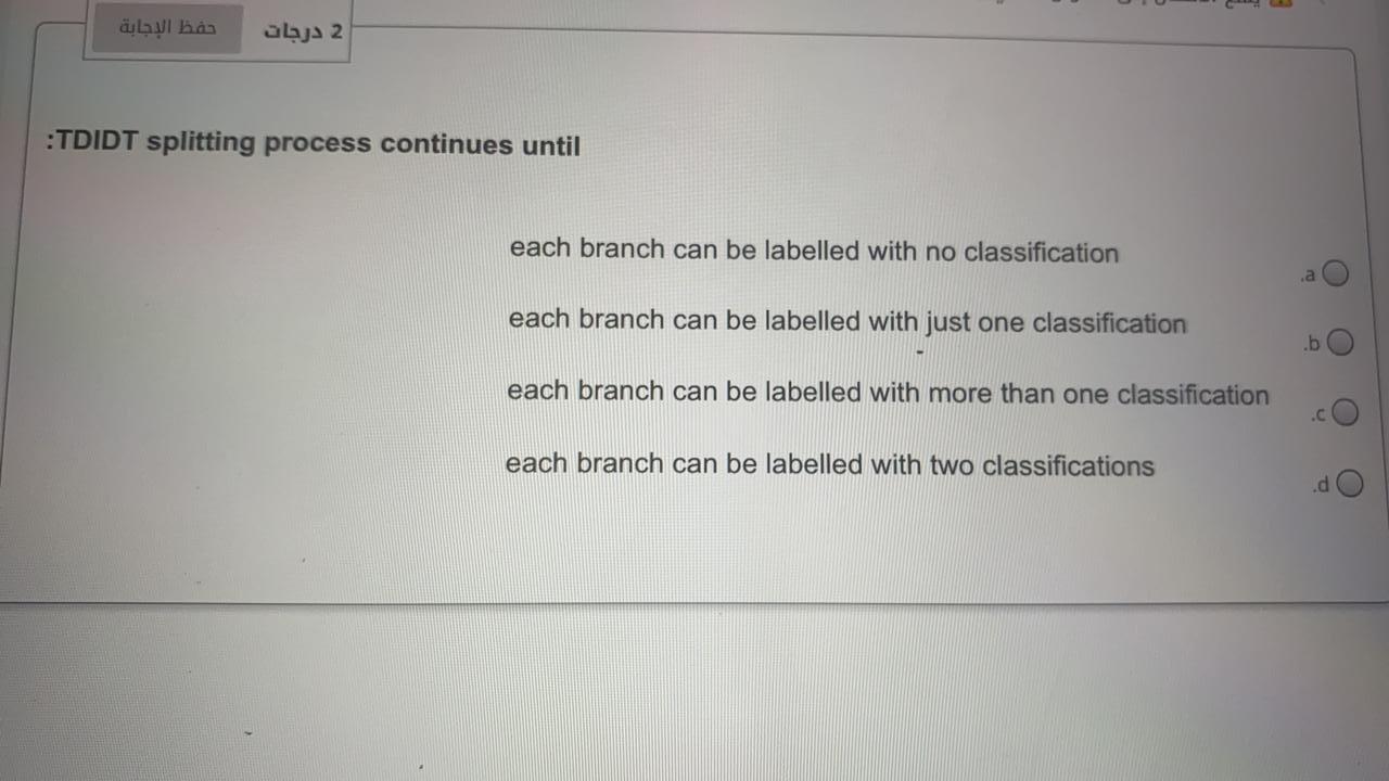 Solved حفظ الإجابة 2 درجات :TDIDT splitting process | Chegg.com