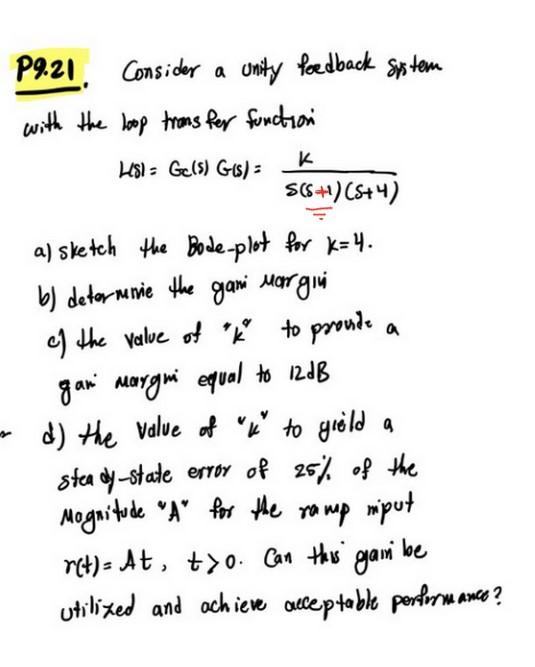 Solved P9.21. Consider a unity loedback sitem with the loop | Chegg.com