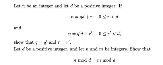 Solved Let n be an integer and let d be a positive integer. | Chegg.com