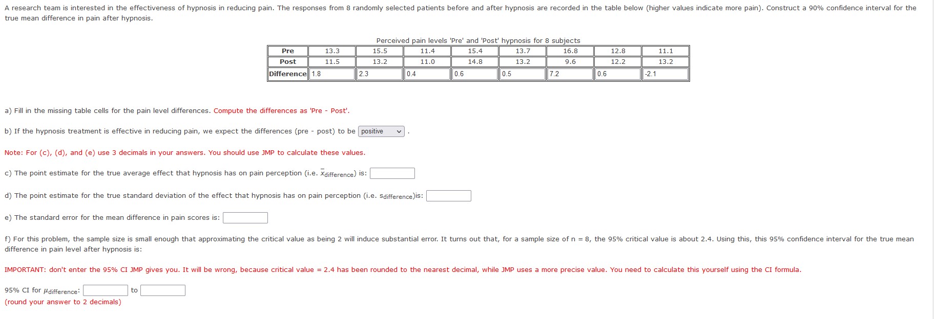 Solved true mean difference in pain after hypnosis. a) Fill | Chegg.com