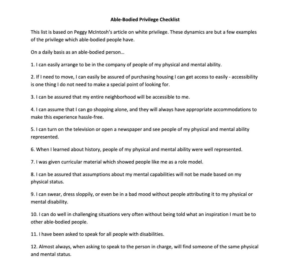 Solved Able-Bodied Privilege Checklist This list is based on | Chegg.com