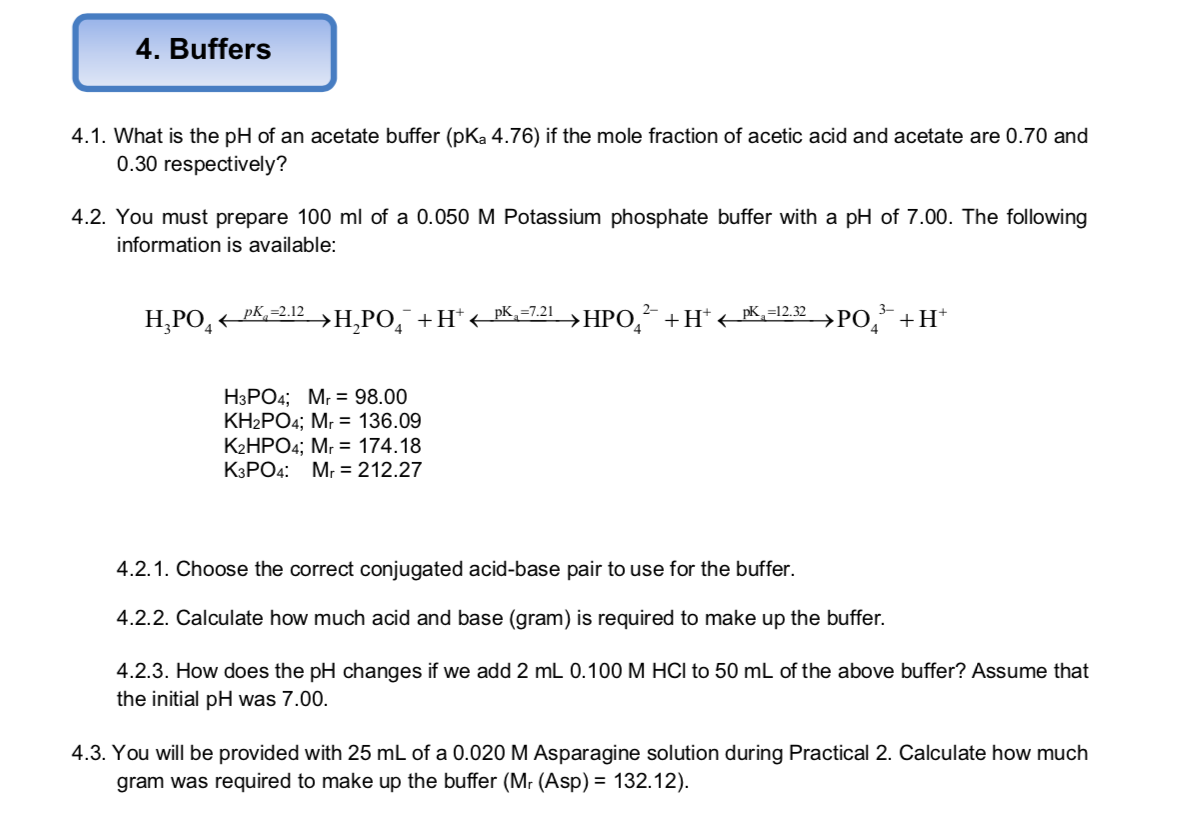 Solved 4.1. What is the pH of an acetate buffer (pKa4.76) if | Chegg.com